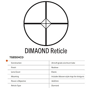 TruGlo 4 x 32 Inch Compact Illuminated Fully-Coated Aluminum Shotgun Hunting Scope with Weaver-Style Rings and Diamond Ballistic Reticle, Camouflage