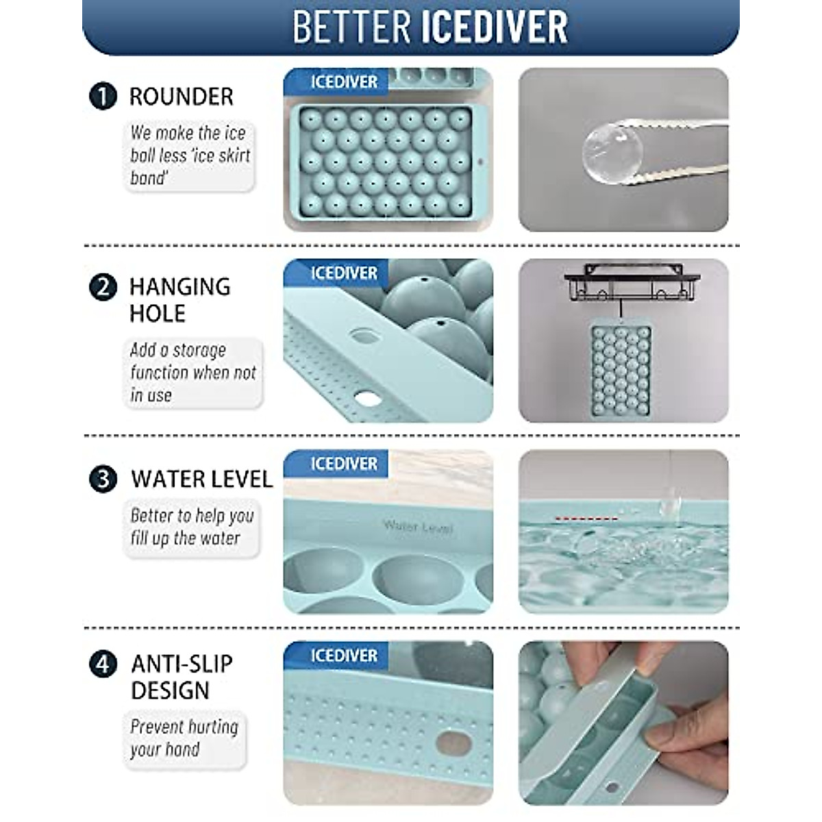 Icediver Ice Cube Tray, Circle Ball Ice Trays for Freezer with Lid & Bin, Sphere Ice Cube Mold Making 99 x 1.0IN Small Round Ice Cubes(Updated Blue Ice Trays, 1 Ice Bucket & Tongs)