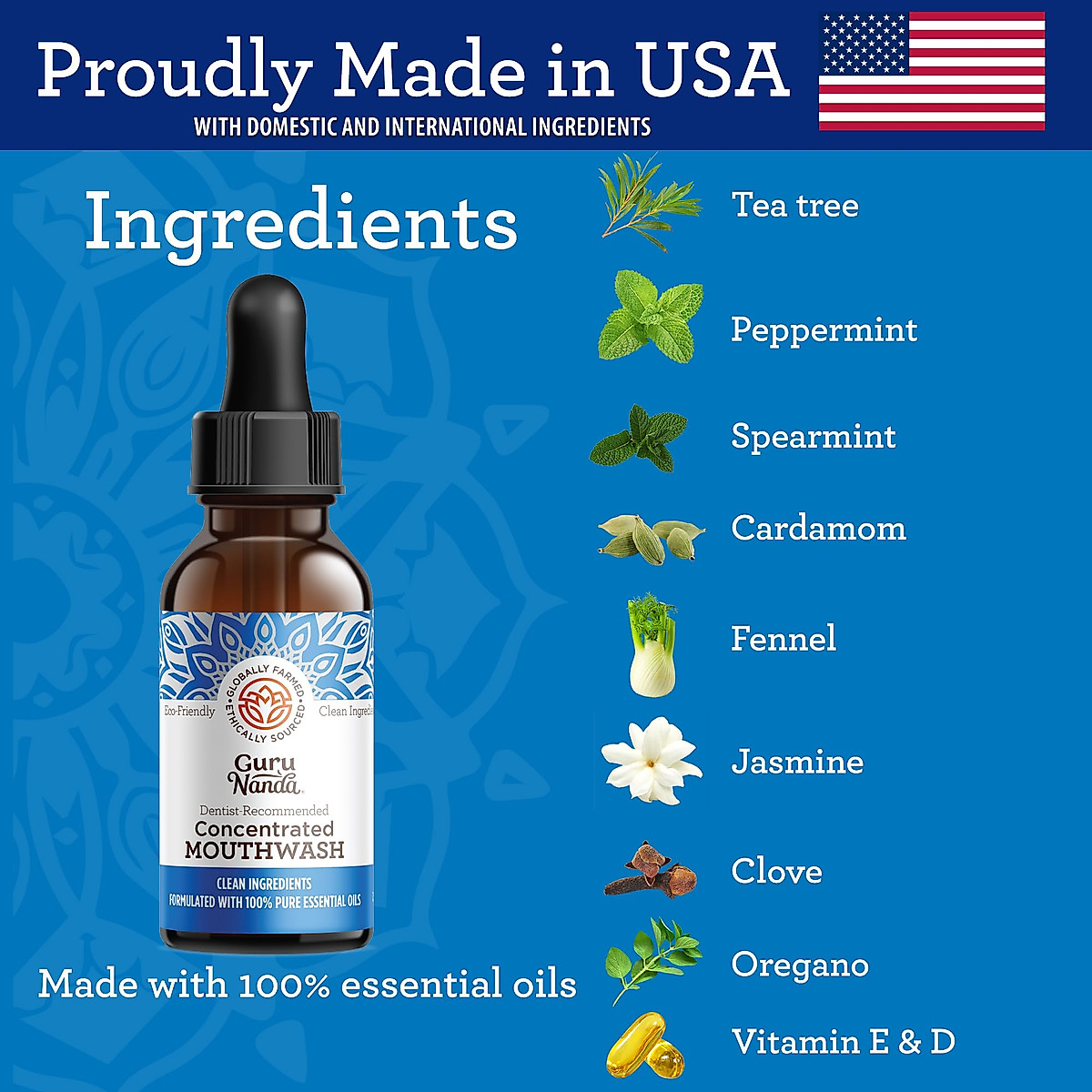 GuruNanda Concentrated Mouthwash, Helps with Bad Breath, Promotes Teeth Whitening, Made with 100% Natural Essential Oils, 1 Bottle Equals 300 Rinse, Fluoride-Free - Mint Flavored (2 oz)