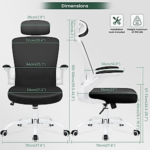 KERDOM Ergonomic Office Chair, Breathable Mesh Desk Chair, Lumbar Support Computer Chair with Headrest and Flip-up Arms, Swivel Task Chair, Adjustable Height Gaming Chair, White