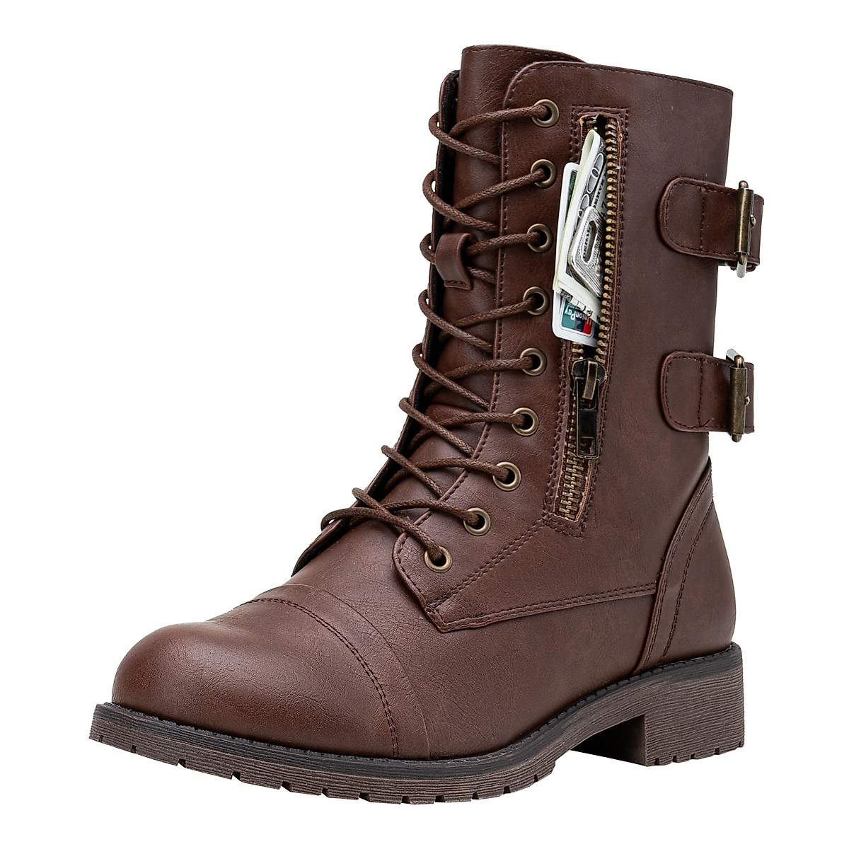 Vepose Women's Lace up Combat Boots, Mid Calf Hiking Boots, 929 - Cognac, Red Brown, Size 9.5 US - Credit Card Wallet Pocket (CJY929 Cognac 09.5)