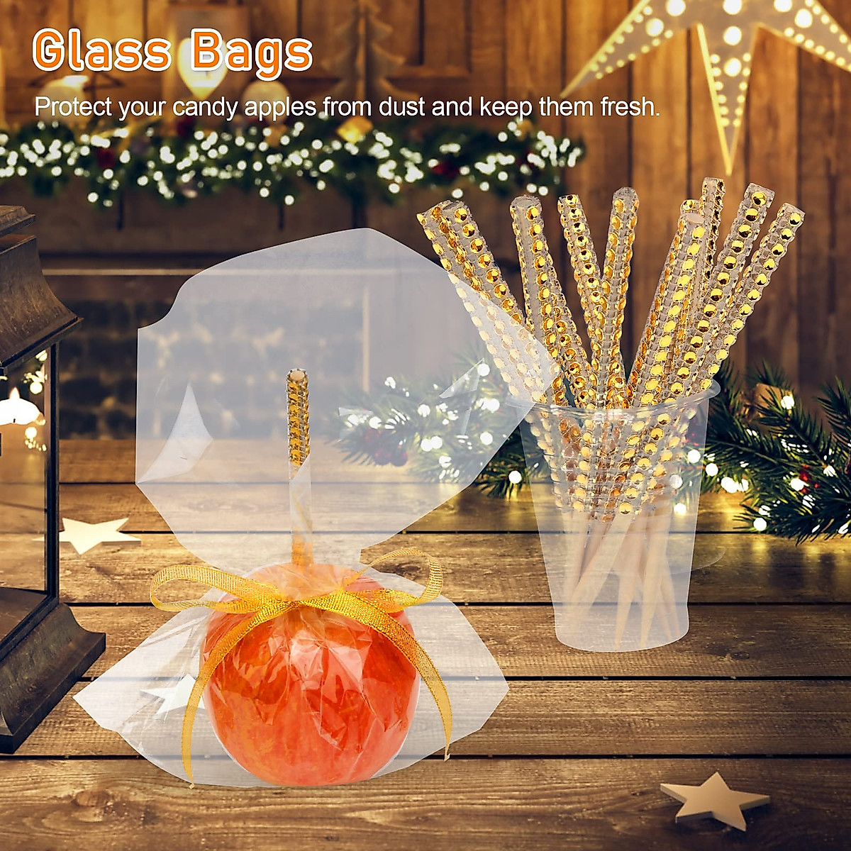 Anglecai 24Pcs Candy Apple Bamboo Stick Kit, 24P Bling Stick for Apple Rhinestone Wooden Skewers, with 24P Bags, 1P 25 Yard Glitter Ribbon, Bling Stick for Caramel Apple Lollipop Crispy Treat
