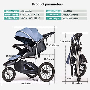 Baby Jogging Stroller for Toddler Kids Compact Single City Jogger Strollers All Terrain Jog 3 Wheels Pushchair Expedition with Parent Console (Blue)