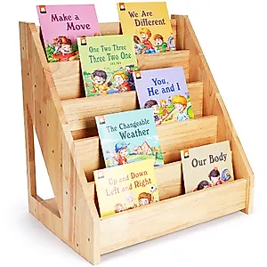 Barydat Toddlers Bookshelf Front Facing Kid Book Display Stand Anti Tilting Device Natural Rubber Wood Baby Bookshelf Child Bookcase for Nursery Classroom Back to School Gift 18" H x 18.5" L x 12" W