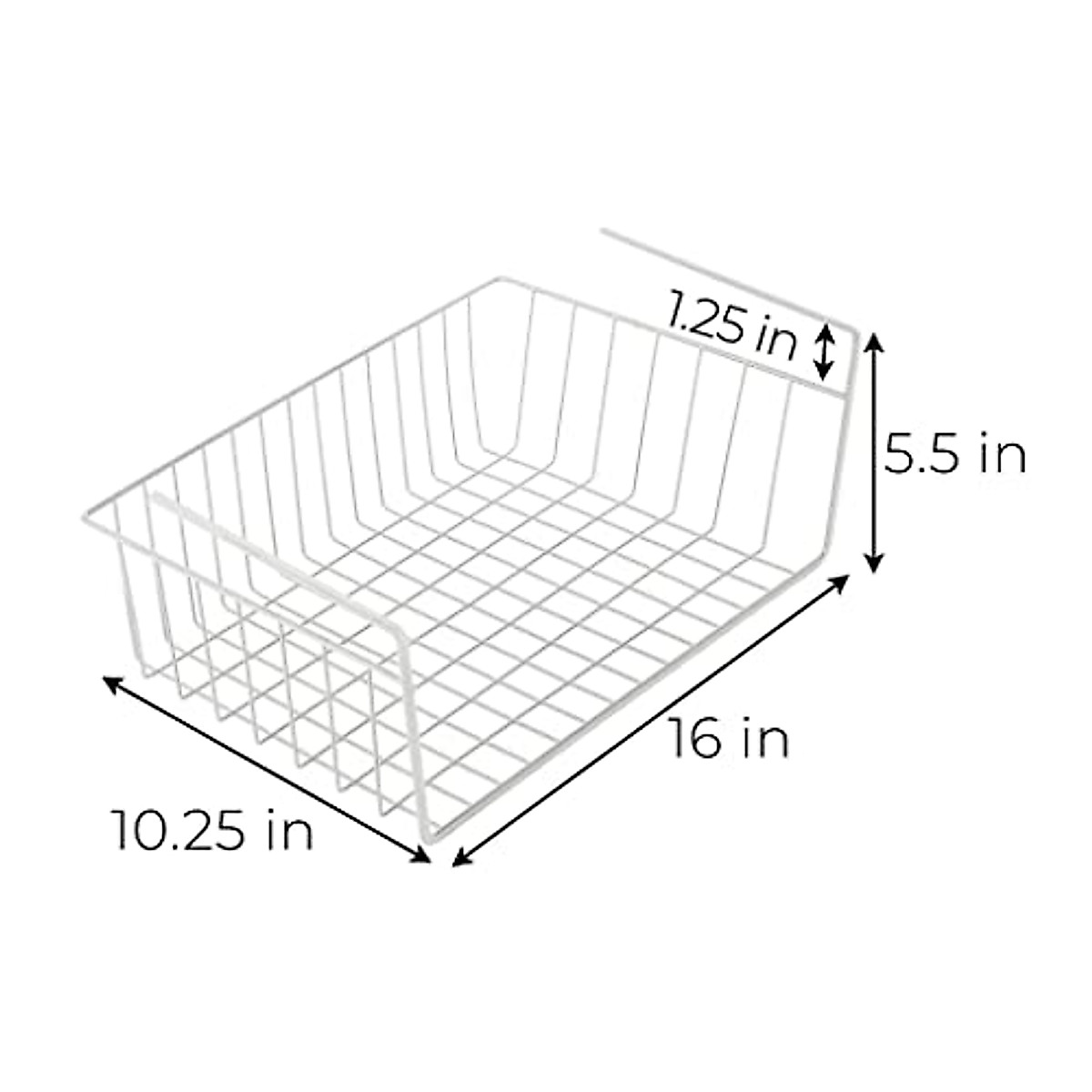 Smart Design Undershelf Storage Basket - Medium - Snug Fit Arms - Steel Metal Wire - Rust Resistant Finish - Cabinet, Pantry, Shelf Organization - Kitchen (16 x 5.5 Inch) [White]