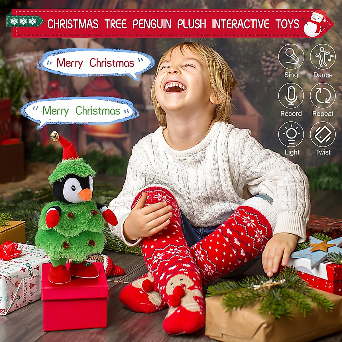 ACETOP LED Musical Christmas Tree Penguin Stuffed Animal Repeats What You Say Light up Soft Plush Toy Singing Dancing Talking Record Mimicking Twisting Interactive Animated Dolls Decoration Xmas Gifts