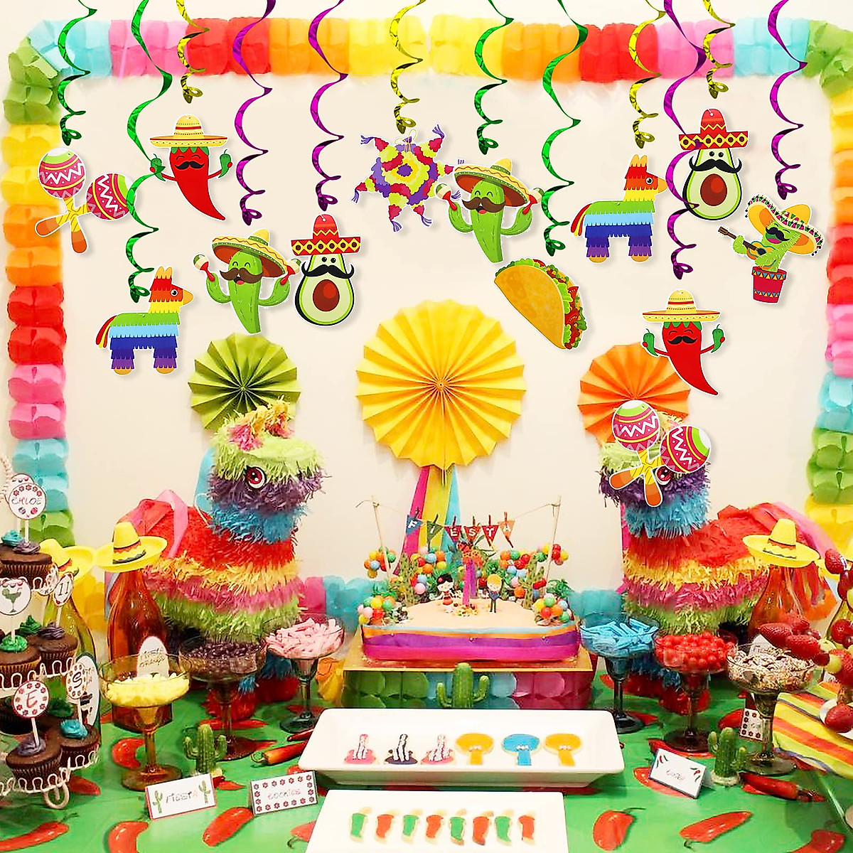 Summer Beach Hanging Swirls, 28Pack Mexican Fiesta Hanging Swirl Decorations, Cinco De Mayo Party Supplies, Taco Twosday Birthday Theme, Taco Party Ceiling Decorations