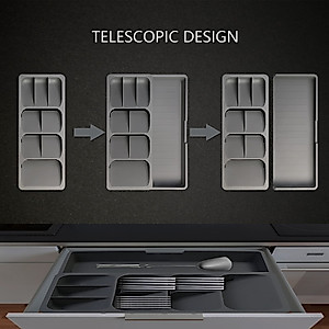 KAKUNM Flatware Drawer Organizer Expandable Adjustable Utensils Silverware Tray for Drawer, Spoon Knife and Fork Partition Storage,Large, Gray