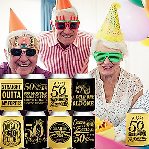 KARAQY 12 Pcs 50th Birthday Party Can Coolers - Black and Gold Cheers to 50 Years Can Sleeves, Happy 50th Birthday Decorations for Men Women 50th Birthday Party Supplies