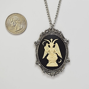 Real Metal Sitting Satanic Baphomet Cameo In Silver Finish Frame Necklace Pendant Ivory on Black