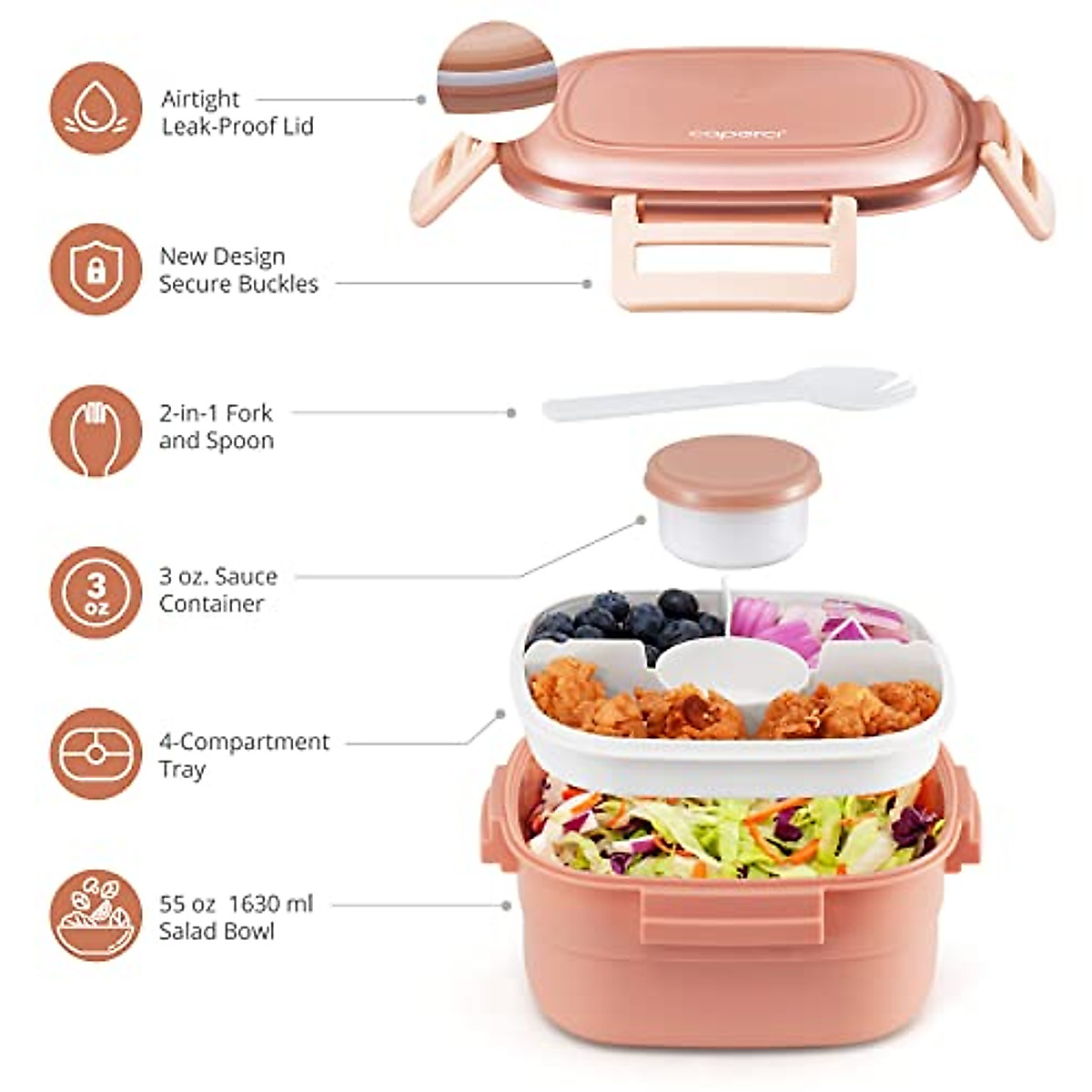 Caperci Superior Salad Container for Lunch To Go - Large 55-oz Salad Bowl Lunch Box Container with 4-Compartment Bento-Style Tray, 3-oz Sauce Container, Reusable Spork & BPA-Free (Pink)