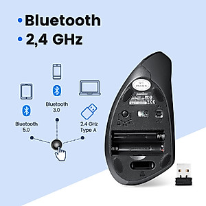 Perixx PERIMICE-813B Bluetooth Vertical Mouse - Wireless 3-in-1 Multi-Device Technology - Travelling Carry Bag - Black - Right Handed