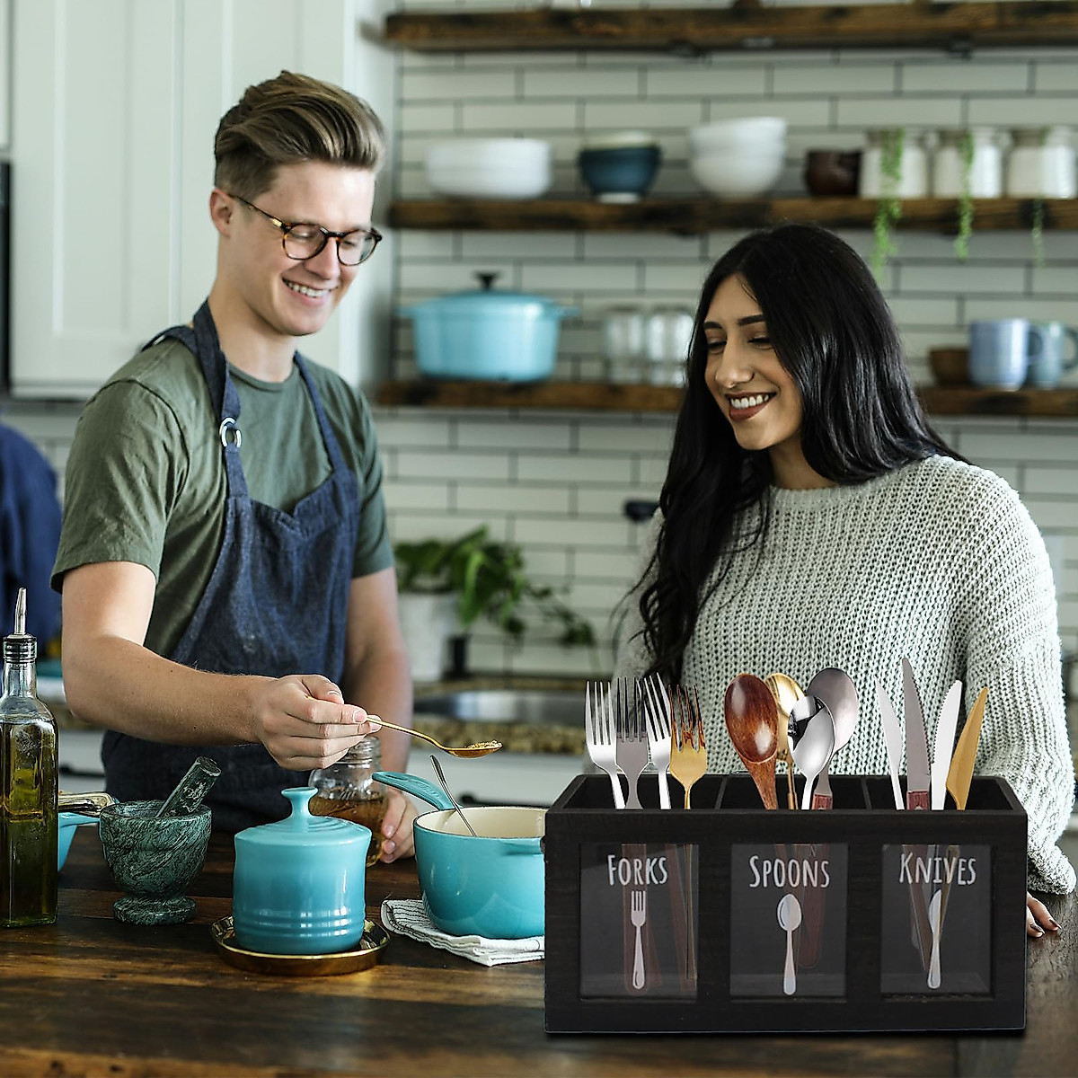 Mibcocny Wood Utensil Caddy For Kitchen Counter, Silverware Organizer Countertop, Spoon And Fork Organizer With Handles, Flatware Cutlery Knife Holder For Party Hosting Storage (Black)