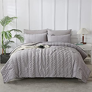KAKIJUMN Grey Comforter Set King Size, 7 Piece Bed in a Bag Seersucker Comforter and Sheet Set, All Season Soft Microfiber Complete Bedding Set(Grey,King)