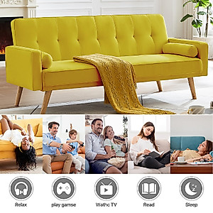 Anwickmak Yellow Velvet Couch, Small Sleeper Sofa Love Seat Includes 2 Pillows, 58" Tufted Loveseat Sofa, 4 Golden Metal Legs, Mid Century Modern Sofas for Living Room and Bedroom (Yellow)