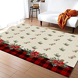 Indoor Area Rug - Welcome Mat Living Room Area Rugs Washable Non-Slip Floor Carpet for Bedroom Farmhouse Dorm (Merry Christmas Red Poinsettia Berries Burlap Red Plaid, 5'x8')