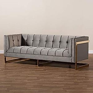 Baxton Studio Ambra Glam and Luxe Grey Velvet Fabric Upholstered and Button Tufted Sofa with Gold-Tone Frame