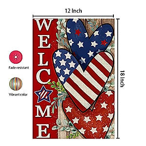 CROWNED BEAUTY 4th of July Patrioctic Welcome Garden Flag 12x18 Inch Double Sided USA Flag Hearts Blue Red Memorial Day Independence Day Outside Yard Party Decoration