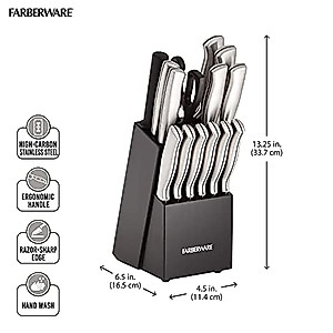 Farberware 15-Piece High-Carbon Stamped Stainless Steel Kitchen Knife Block Set with Steak Knives, Razor-Sharp Knife Set with Wood Block, Black