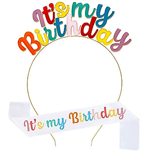 Elehere Birthday Girl Crown Sash Gift Set - Colorful Tiara Headband, Sash for Women, Summer Hair Accessories