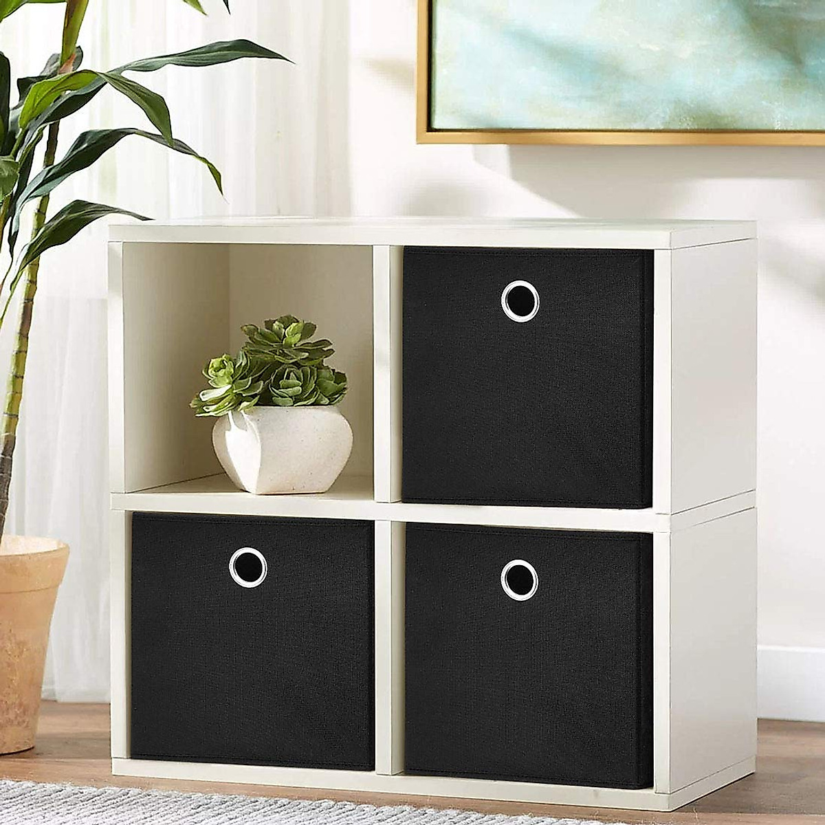 i BKGOO Foldable Storage Cube Drawer Bins Collapsible Fabric Storage Boxes with Round Metal Grommets for Organizing Shelf Nursery Home Closet 4 Pack Black 11" x 11" x 11"