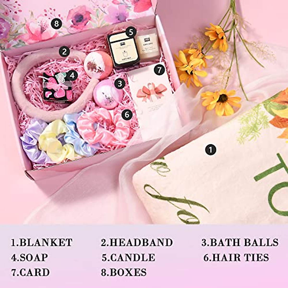 Gifts for Mom, Mothers Birthday Gifts Blanket 50 * 60 inch Basket for Mom Self Care Women Gift Box to My Mom from Daughter Son Includes Bath Balls Candle Soap Headband Hair Ties