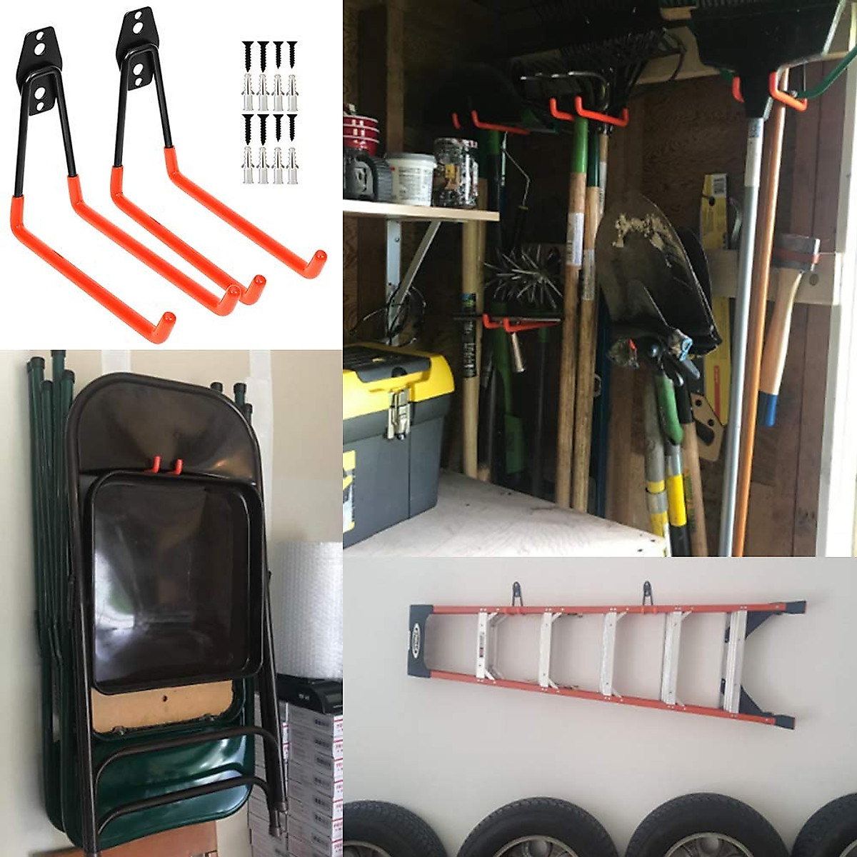 Yisunnan Heavy Duty Garage Storage Utility Double Hooks,Extended Wall Mount Tool Holder Organizer for Ladders,Bike,Chair (2 Pack Orange 7.5" Large U Hook)