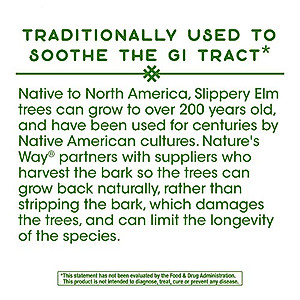 Nature's Way Slippery Elm Bark, Traditional Support to Soothe GI Tract*, 100 Vegan Capsules