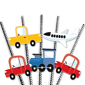 Big Dot of Happiness Cars, Trains, and Airplanes - Paper Straw Decor - Transportation Birthday Party Striped Decorative Straws - Set of 24