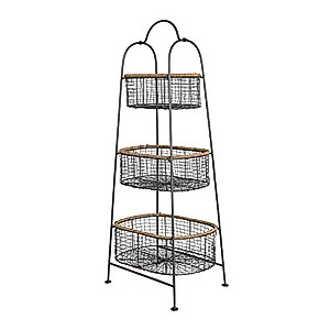 Creative Co-Op Metal & Rattan 3-Tier Removable Baskets Stand, Black