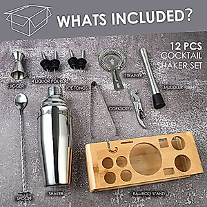 Esmula 12 Piece Bartender Kit with Bamboo Stand, 25oz Cocktail Shaker Set for Mixed Drink, Professional Bar Tool Set With Cocktail Recipes Booklet, Gift for Man Dad Friend (Silver)