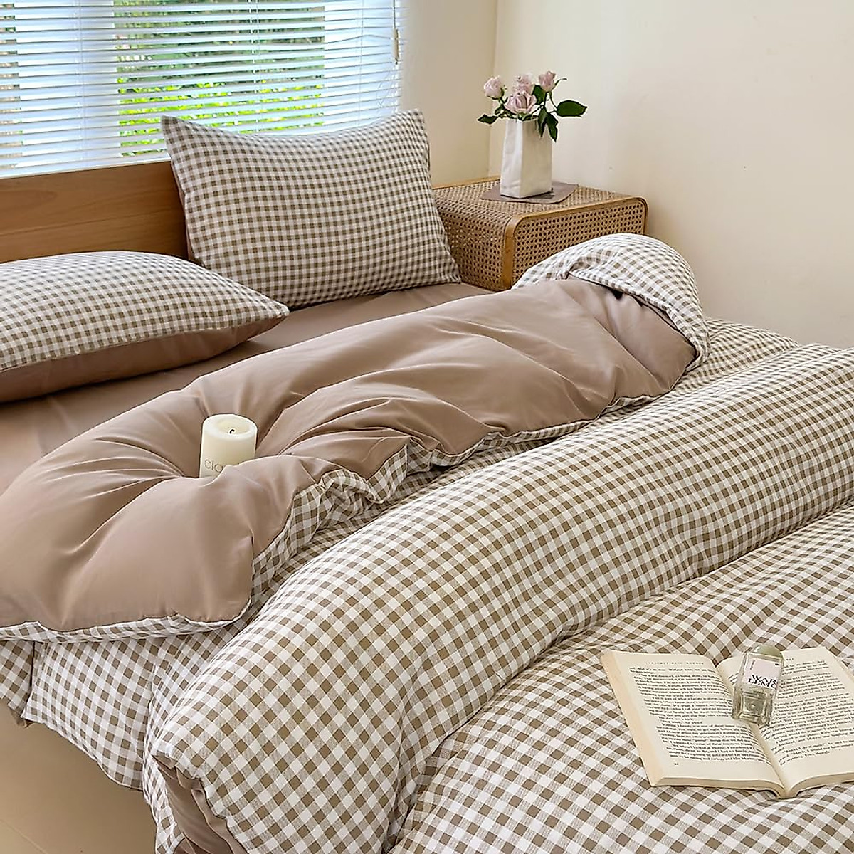 NSNLGSGC Twin Grid Gingham Duvet Cover Set Tan - Washed Soft Comforter Cover Set Brown Lightweight Bedding Set (2PCS, Twin)