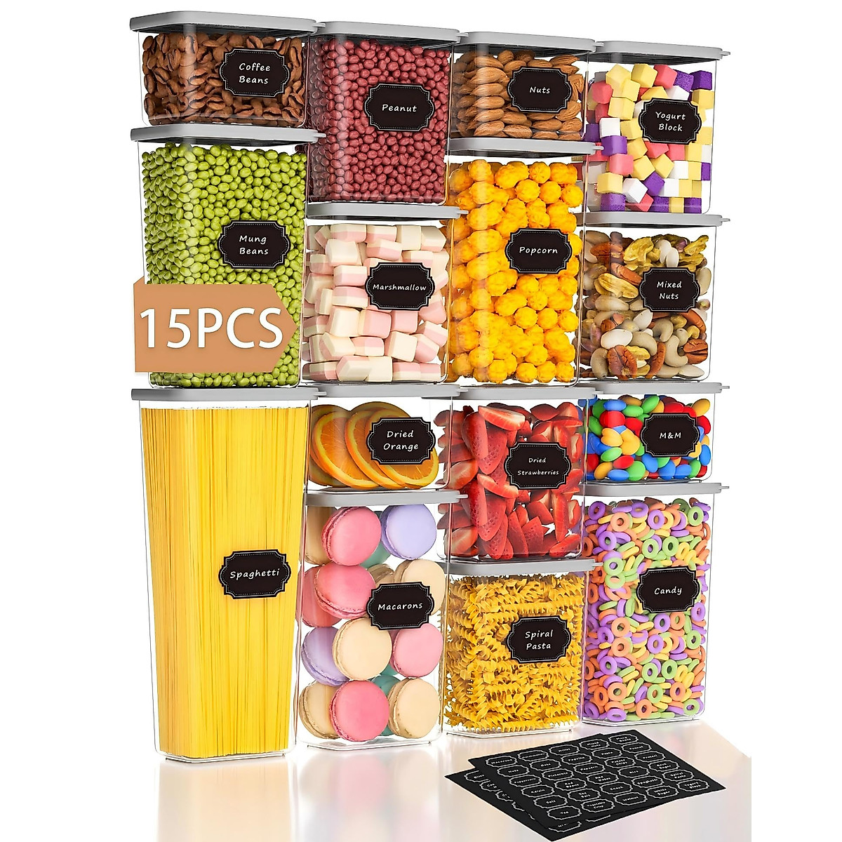 Homhut Airtight Food Storage Containers With Lids 15pcs Organization Canisters Kitchen Bpa Free Plastic Pantry Containers Storage Set for Pasta, Cereal, Dry Food, Flour and Sugar-60 Labels