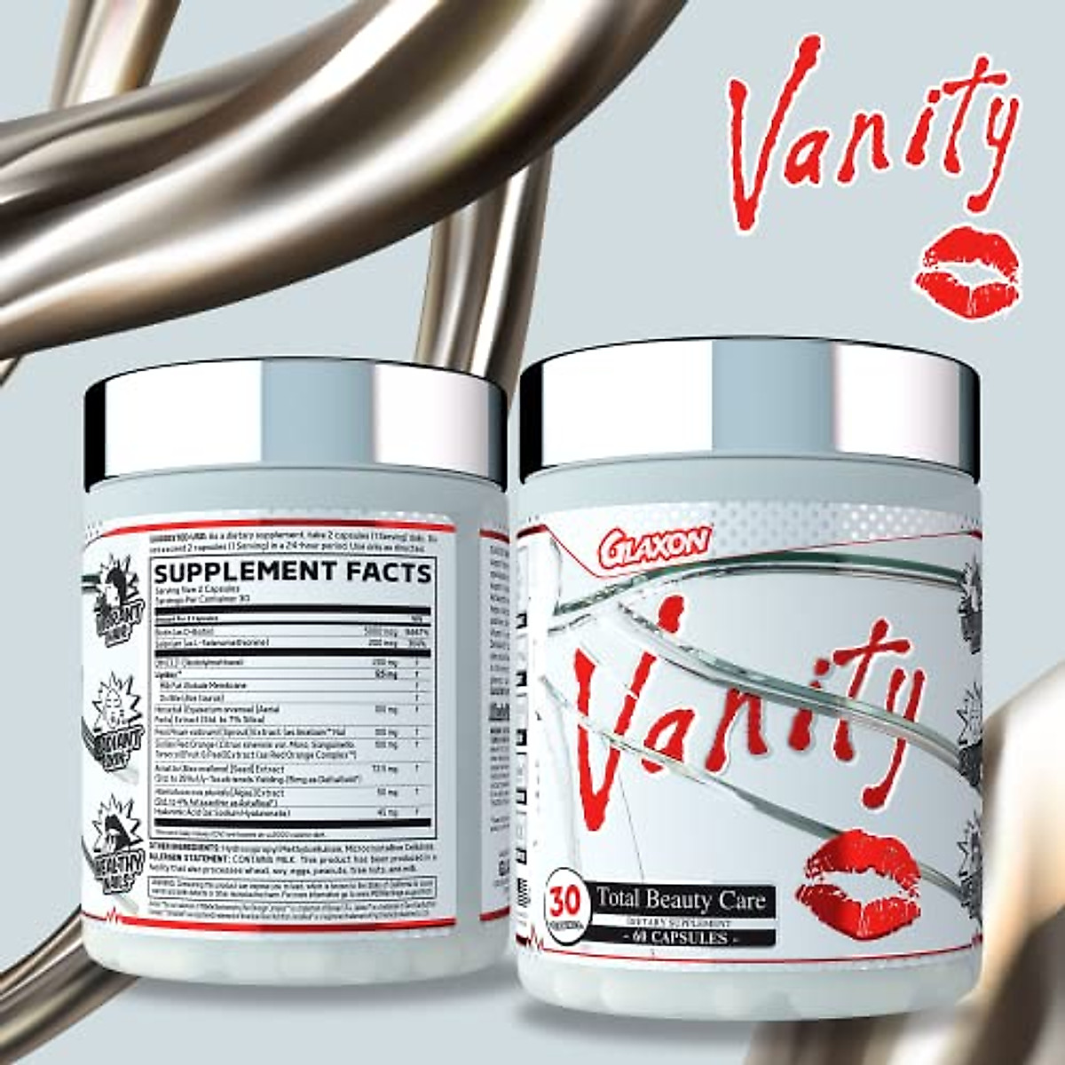 Glaxon Vanity Total Beauty Care, 60 Capsules, Hair Skin, and Nails Vitamins for Women and Men with Biotin 5000mcg, Hyaluronic Acid, Vitamin E, and Red Orange Complex