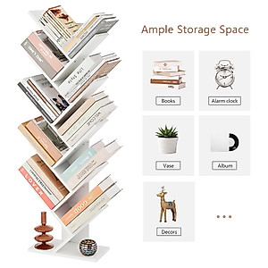 Hoctieon 10 Tier Tree Bookshelf, 10 Shelf Bookcase, Free Standing Tree Bookcase, Display Floor Standing Shelf for Books, Book Shelf Organizer, White