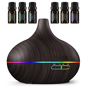 SEDAVY Oil Diffuser, 500ml Aromatherapy Diffuser with 6x10ml Included, 7x2 Colorful LED Night Light, 23dB Quiet BPA-Free Essential Oil Diffusers for Home, 16H Lasting, 4 Timers, Auto Off, Black