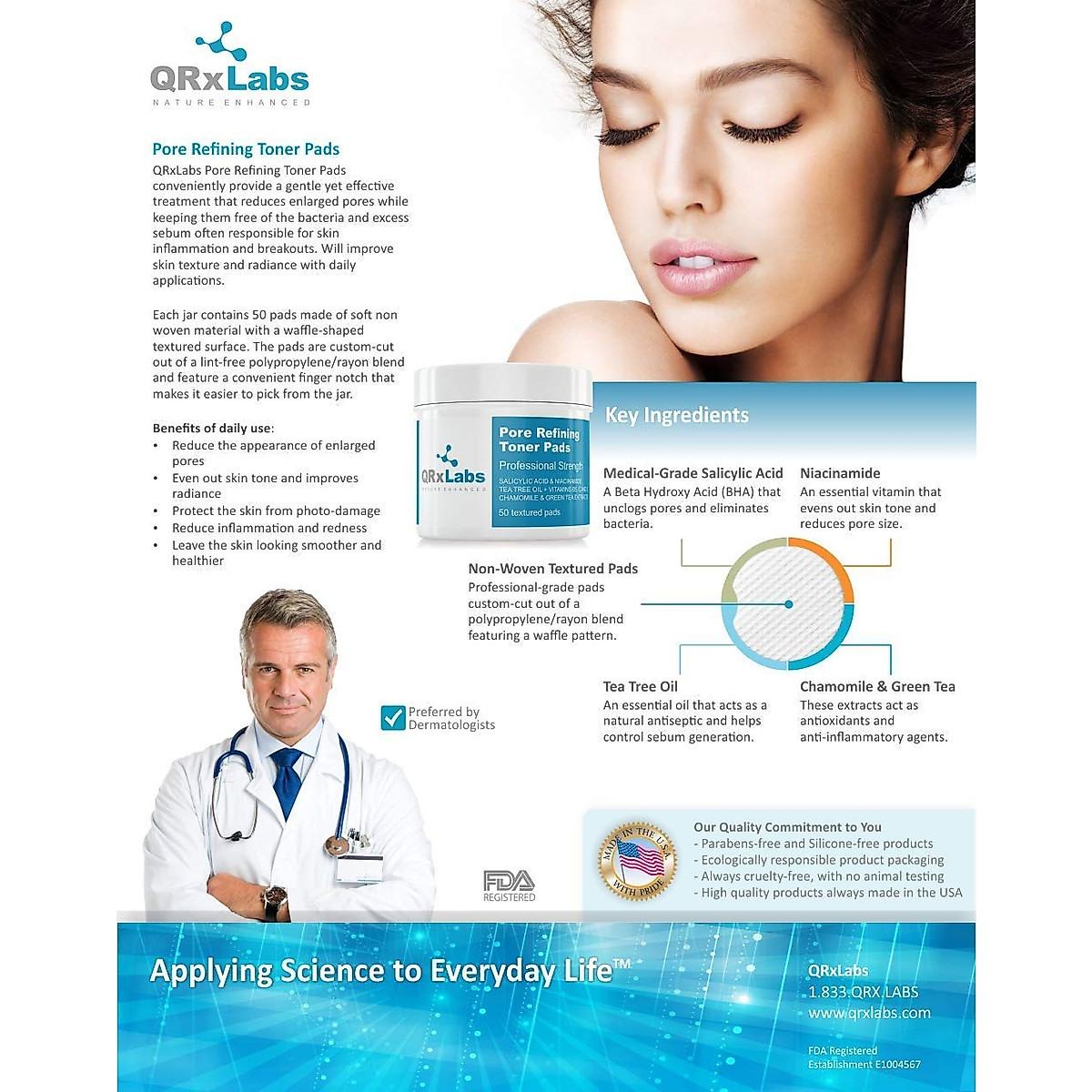 Pore Refining Toner Pads with Salicylic Acid and Niacinamide in a Witch Hazel Solution - with Vitamins B5, C & E, Chamomile & Green Tea - Helps Reduce The Look of Enlarged Pores