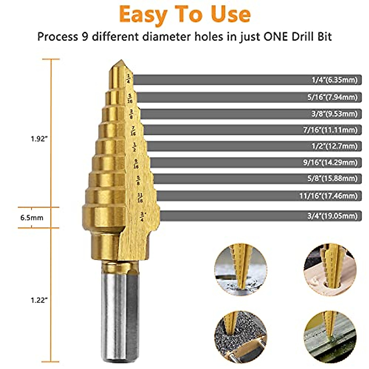 PRECIHW 9 Sizes Titanium Step Drill Bit, 1/4 to 3/4 Inches High Speed Steel Step Drill Bits for Hole Drilling, HSS Multi Size Step Drill Bits for Metal, Aluminium and Wood