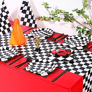Irenare 205 Pcs Car Birthday Party Supplies Racing Party Decorations, Include 2 Tablecloth 3 Racetrack Runner 16 Traffic Cones 8 Checkered Flags 2 Wheels 52 Balloons Garland Arch 120 Racing Tableware