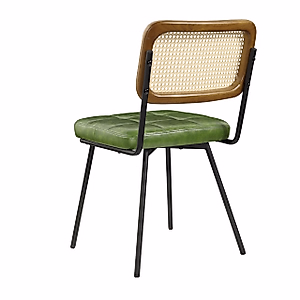 Art Leon Faux Leather Indoor Kitchen Dining Chairs Set of 4, Rubber Wood Back Frame, Mid Century Modern Dining Room Chairs with Rattan Backrest, Armless Side Chairs with Black Metal Legs, Green