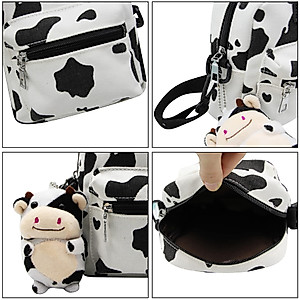 Cow Print Canvas Crossbody Purse Cute Animal Shoulder Handbag Phone Bag with Plush Pendant for Women Girls Kids