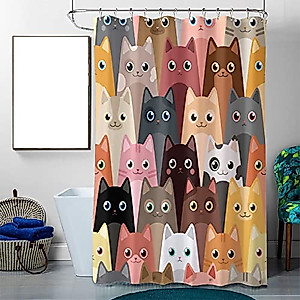 Zmcongz Cat 4 Pcs Shower Curtain Set Colorful Kitten Cartoon Kitty Funny Lovely Animal Bathroom Decor Bath Curtain with Rugs Toilet Lid Cover Bath Mat, 72x72 Inch