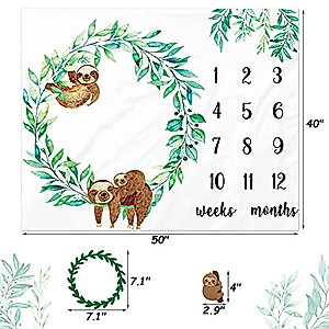 Sloth Baby Monthly Milestone Blanket Baby Boy Greenery Watercolor Jungle Baby Blanket for Boys and Girls Newborn Baby Gift Idea Photography Backdrop Soft Fleece Blanket