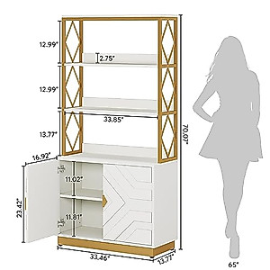 Tribesigns White and Gold Bookshelf with Doors: 70.9 Inches Tall Etagere Bookcase with 3 Shelves 2 Cabinets, Modern Open Display Book Shelves with Metal Frame for Living Room Bedroom Office