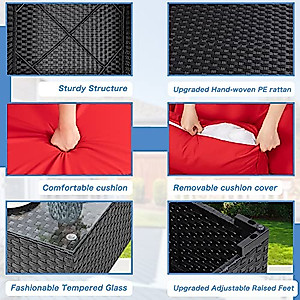 Shintenchi 5 Pieces Outdoor Patio Sectional Sofa Couch, Black PE Wicker Furniture Sets, Patio Conversation Sets with Washable Cushions Glass Coffee Table for Garden, Poolside, Backyard,Red