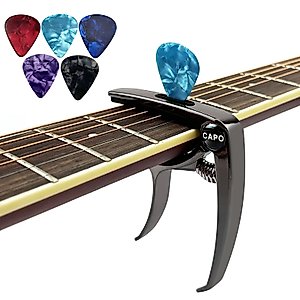 Guitar Capo, Capo for Acoustic and Electric Guitar, 3 in 1 Capo with Pick Holder, Pin Puller and 5 Guitar Picks, Ukulele Capo (Black)