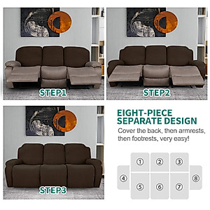 YEMYHOM 8 Pieces Stretch Recliner Sofa Cover Latest Jacquard Reclining Couch Cover with Side Pocket Anti-Slip Fitted 3 Cushion Furniture Slipcovers with Elastic Bottom (Sofa Recliner, Dark Coffee)