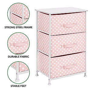 mDesign Storage Dresser End/Side Table Night Stand Tower Unit with 3 Removable Fabric Drawers - Organizer for Baby, Kid, and Teen Bedroom, Nursery, Playroom, or Dorm, Pink/White Polka Dot