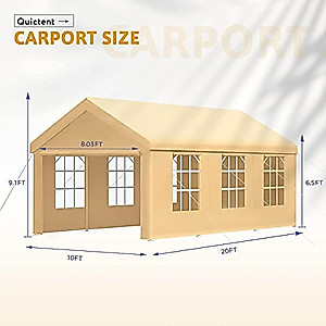 Quictent 10'x20' Heavy Duty Carport Gazebo Canopy Garage Outdoor Car Shelter Beige (with Windows)