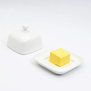 NAGU Mini Square Butter Dish with Lid, White Procelain Domed Cheese Dish with Handle Individual Serving Small Butter Tray, Cute Ceramic Dessert Serving Bowl for Table, Countertop, Refrigerator